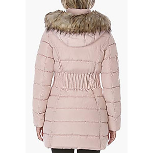 LAUNDRY BY SHELLI SEGAL Women's 3/4 Puffer Jacket with Zig Zag Cinched Waist and Faux Fur Trim Hood, Dusty Pink, Medium