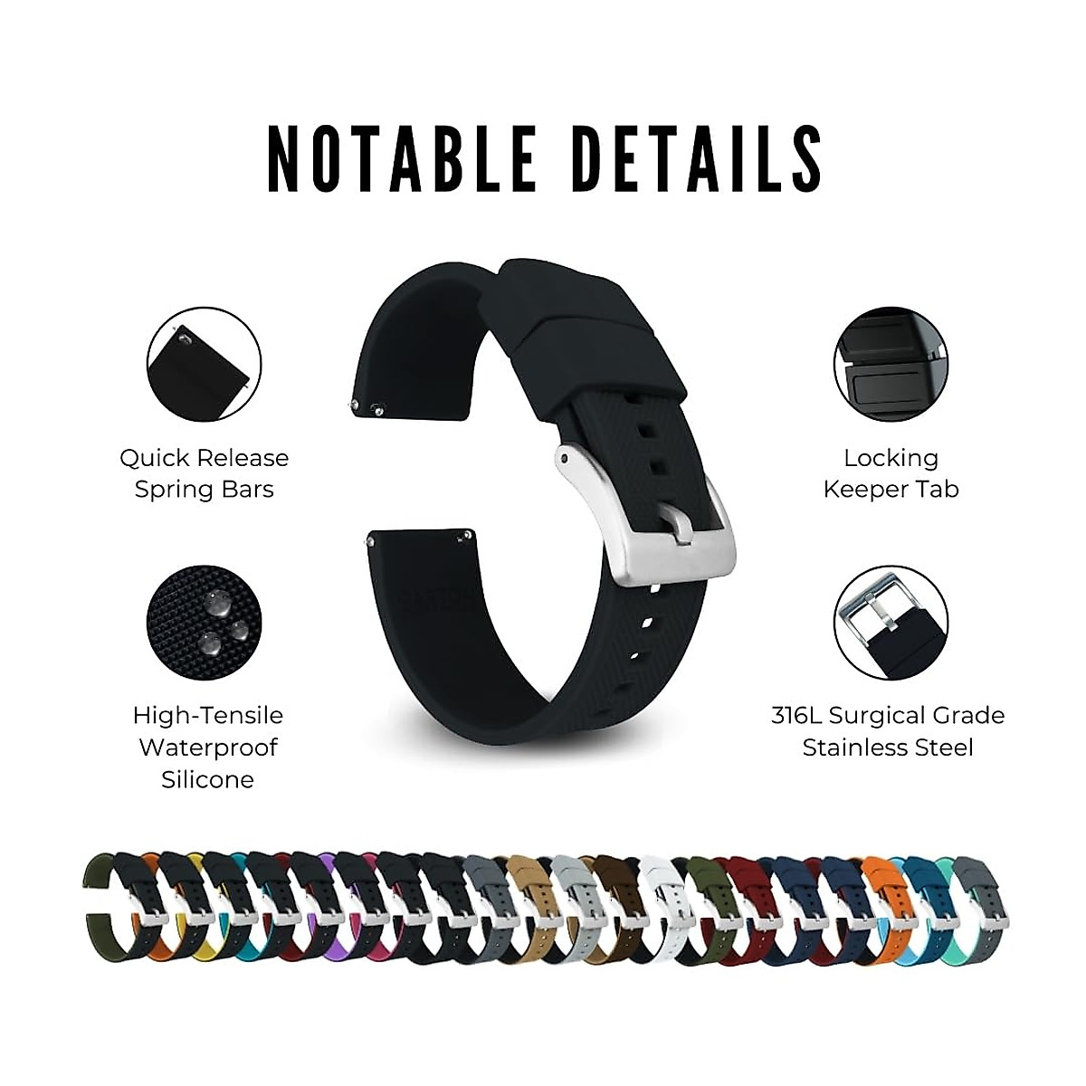 BARTON WATCH BANDS Quick Release Elite Silicone Watch Bands, Black, 22mm