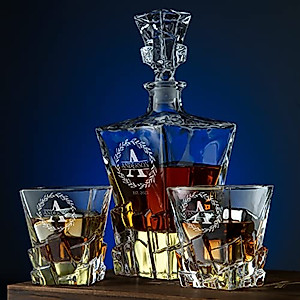 Personalized Whiskey Decanter and Stones Set - Customized Gift for Men, Dad, Father - Engraved Rocks Whiskey Decanter, 2 XL Glasses, 8 Whisky Cubes, 2 Coasters, Tongs, Pouch in Wooden Gift Box