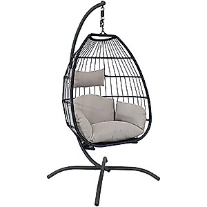 Sunnydaze Oliver Black Resin Wicker Hanging Egg Chair Swing with Gray Cushions and Steel Stand Set - Outdoor Boho Single Lounge Seat for Yard or Patio - Collapsible Nylon Rope Back Design