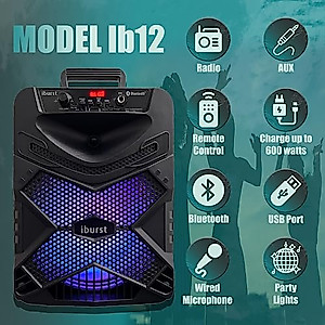 Iburst Portable Bluetooth PA Speaker System Rechargeable Outdoor Subwoofer, Microphone in, Party Lights, USB, Radio, Wired Microphone + Remote Stereo Loud Sound (IB12)