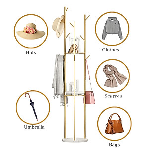 HKaikzo Gold Coat Rack Stand, Metal Coat Racks Tree Hanger Freestanding with 3 Storage Shelves and 9 High-grade Hooks and Stable Marble Base, for Jackets、Hat、Umbrella