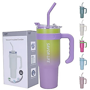 GiNT 40 oz Tumbler with Handle, Stainless Steel Insulated Tumbler with Lid and Straw, Double Vacuum Leak Proof Travel Coffee Mug - Green Purple