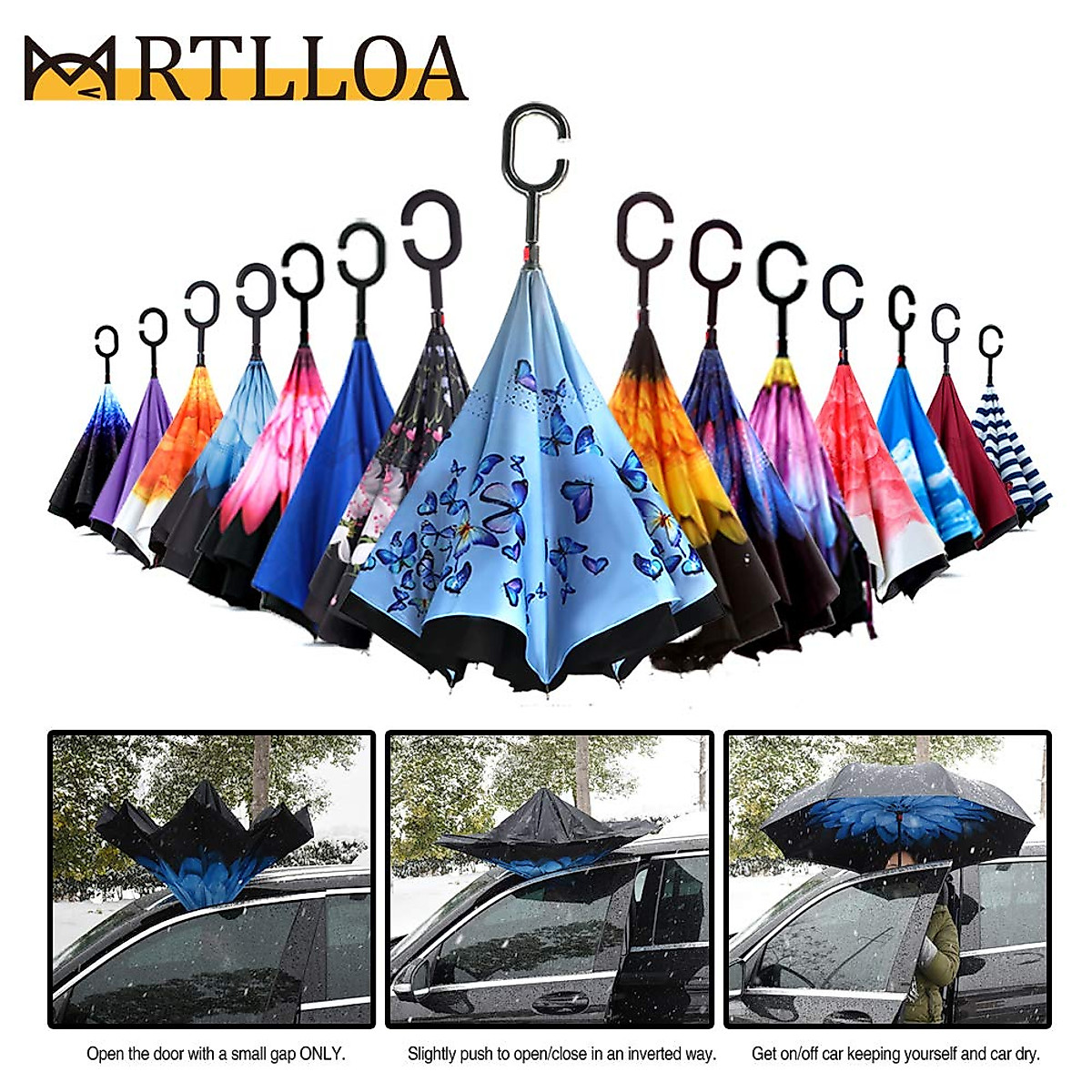 MRTLLOA 40/49/56 Inch Oversize Windproof Inverted Reverse Upside Down Umbrella, Golf Size Rain Umbrella, Double Layer, C-Shaped Handle for Men, Women and Kids (Orchid Butterfly, 49 Inch)