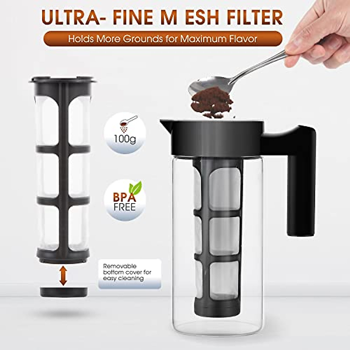 Lalord Cold Brew Coffee Maker - 42 oz Borosilicate Glass Coffee Pitcher, Iced Coffee Maker and Tea Brewer with Reusable Mesh Filter, 1.3 Quarts / 1.2 Liters