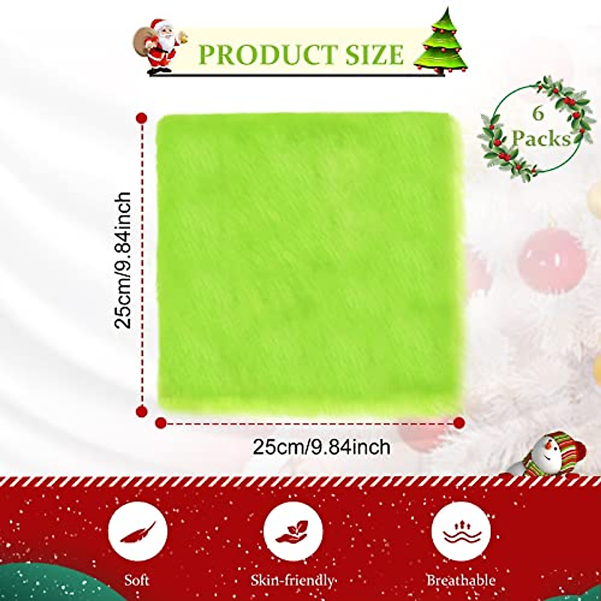 6 Pieces Green Faux Fur Fabric Squares Christmas Shaggy Soft Faux Fur Squares Fluffy Fabric for DIY Crafts Sewing Costume Camera Floor Decorations Props Winter, 9.84 x 9.84 Inch