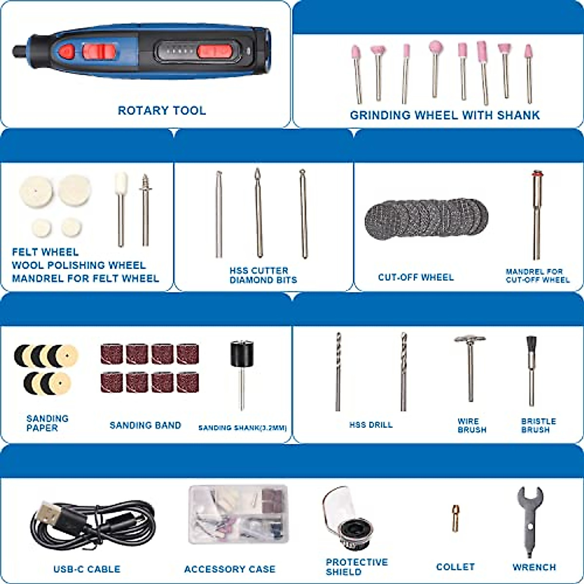 HERZO 4V Cordless Rotary Tool, Rotary Tool with 53-Piece Accessories Kit，USB-Charging and 5-Speed Multi-purpose Power Tool for DIY, Drilling, Engraving, Polishing, Carving, Sanding and Cutting