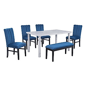 RITSU 6 Piece Rectangular 60" Table Set with Marble Veneer for 6 People, KitchenTableSeat with 4 Dining Chairs and 1 Benches for Living, Guest Room, Home Bar and Kitchen, White + Blue