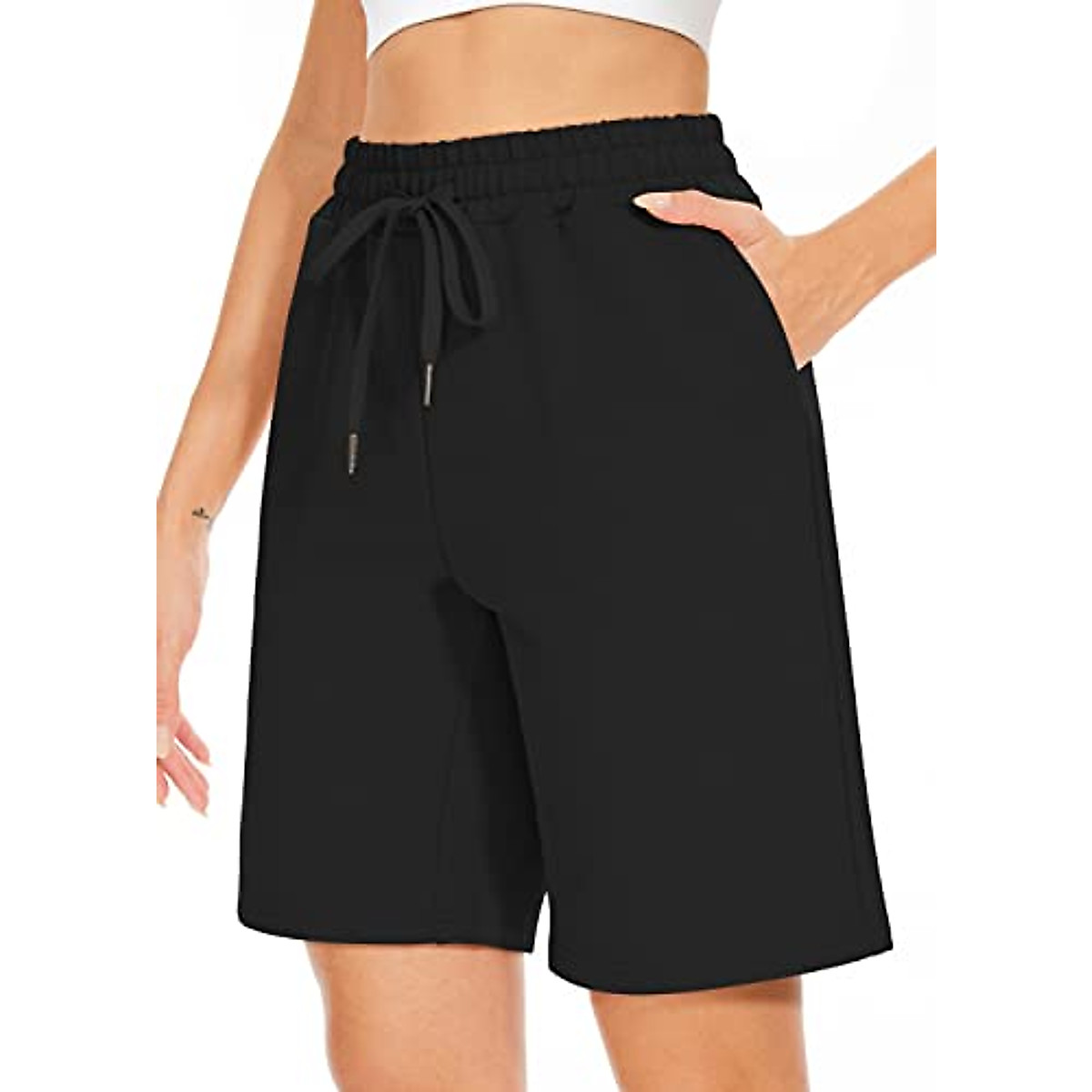 TARSE Women's Bermuda Shorts Plus Size Long Cotton Drawstring Loose with Pockets Knee Length Shorts Yoga Casual Walking Exercise Shorts(Black,XXL)