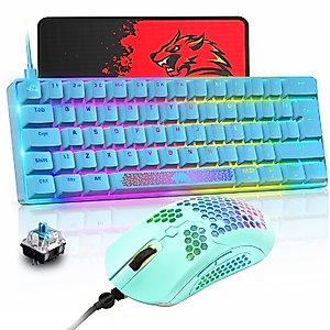 GK61Pro Mechanical Gaming Keyboard and Model Mouse Combo,Wired 18 Chroma RGB Backlit 62key Anti-ghosting Honeycomb Gaming Mouse 12000 DPI Ergonomic for Windows PC Gamers Typists（Blue/Blue Switch）
