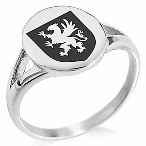 Tioneer Stainless Steel Griffin Valor Coat of Arms Shield Symbol Minimalist Oval Top Polished Statement Ring, Size 9