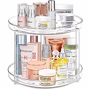 2 Tier Lazy Susan Bathroom Organizer Countertop,10.6inch Perfume Tray Makeup Skincare Organizers, Lazy Susan Turntable for Cabinet, Bathroom, Medicine Cabinet Organizer Spice Rack Organizer -Clear