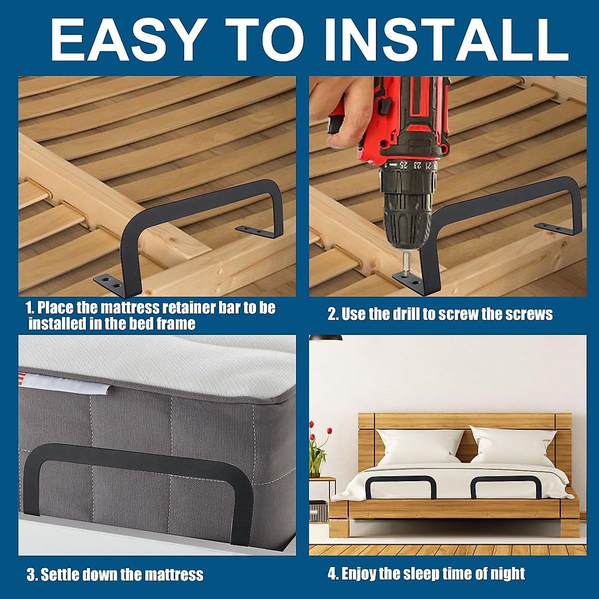 4PCS Mattress Retainer Bar for Adjustable Bed Keep Mattress Stopper from Sliding Slide Mattress Holder in Place Metal Mattress Stabilizers for Wooden Bed Frame