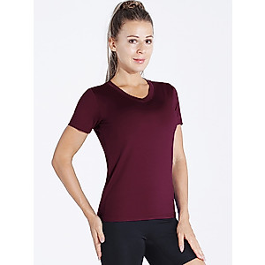 CADMUS Workout t-Shirts for Women Quick Dry Gym Shirts V-Neck, Black, Grey, Wine Red, Large