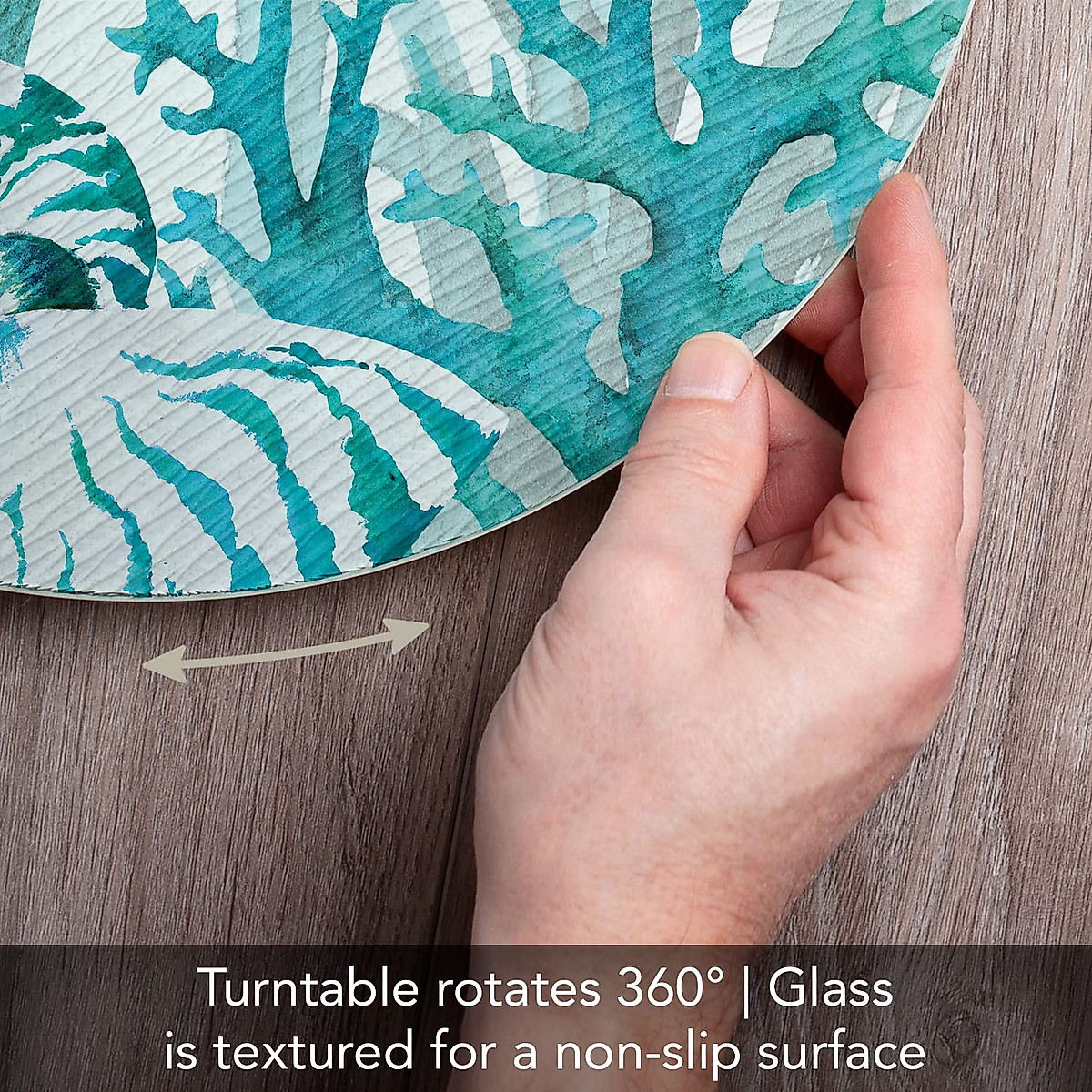 CounterArt Coral Life 4mm Heat Tolerant Tempered Glass Lazy Susan Turntable 13" Diameter Cake Plate Pizza Server Condiment Caddy