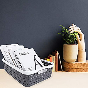 CertBuy 3 Pack Plastic Storage Baskets 14 x 10 x 4.5 Inch, Large Weave Storage Bins with Handle for Cabinet, Shelf, Kitchen, Bedroom, Bathroom and Office – Dark Grey