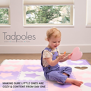 Tadpoles Hearts and Stars Foam Playmats for Kids, 16 Interlocking Foam Tiles, Waterproof, Durable, and Long-lasting | Total Floor Coverage 50” x 50” | For Ages 3 and Up | Pink, Purple, and White