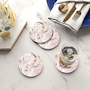 Lahome Pink Coasters for Drinks Absorbent with Holder,Set of 6 Marble Pattern Ceramic Stone Coaster Set with Cork Backing for Mugs Cups Wooden Coffee Table Protection,4 Inches