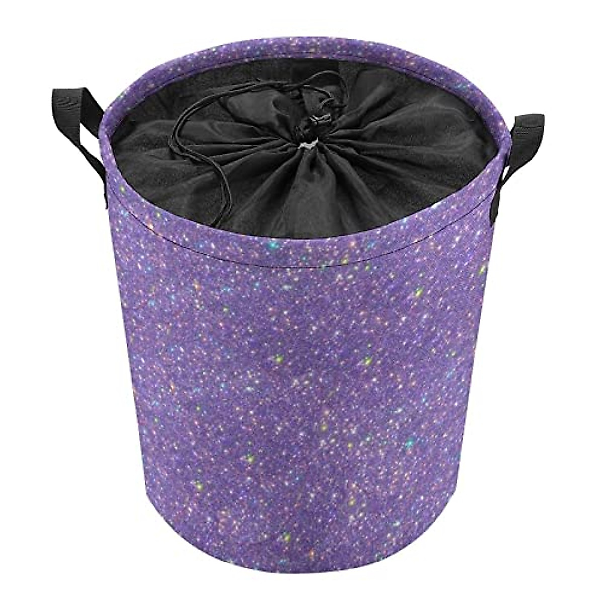 Laundry Hamper Purple Shiny Glitter Fabric Storage Basket Round Collapsible Bling Laundry Baskets with Drawstring Closure for Bedroom Living Room Bathroom