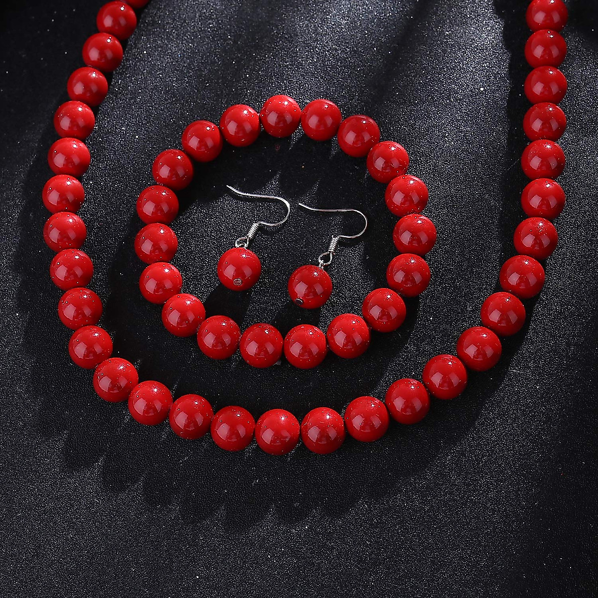 LUREME Fashion Style Pearl Elastic Necklace Bracelet Dangle Earring Set-Red(09000649-7)