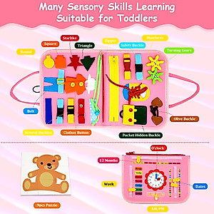 Busy Board Montessori Toys for Toddlers,25 in 1 Preschool Educational Activities Developing Sensory Basic Life-Skills Learning Self-dressing Puzzle Toys for Infants, 3-5 Year Old Boys Girls (Pink)