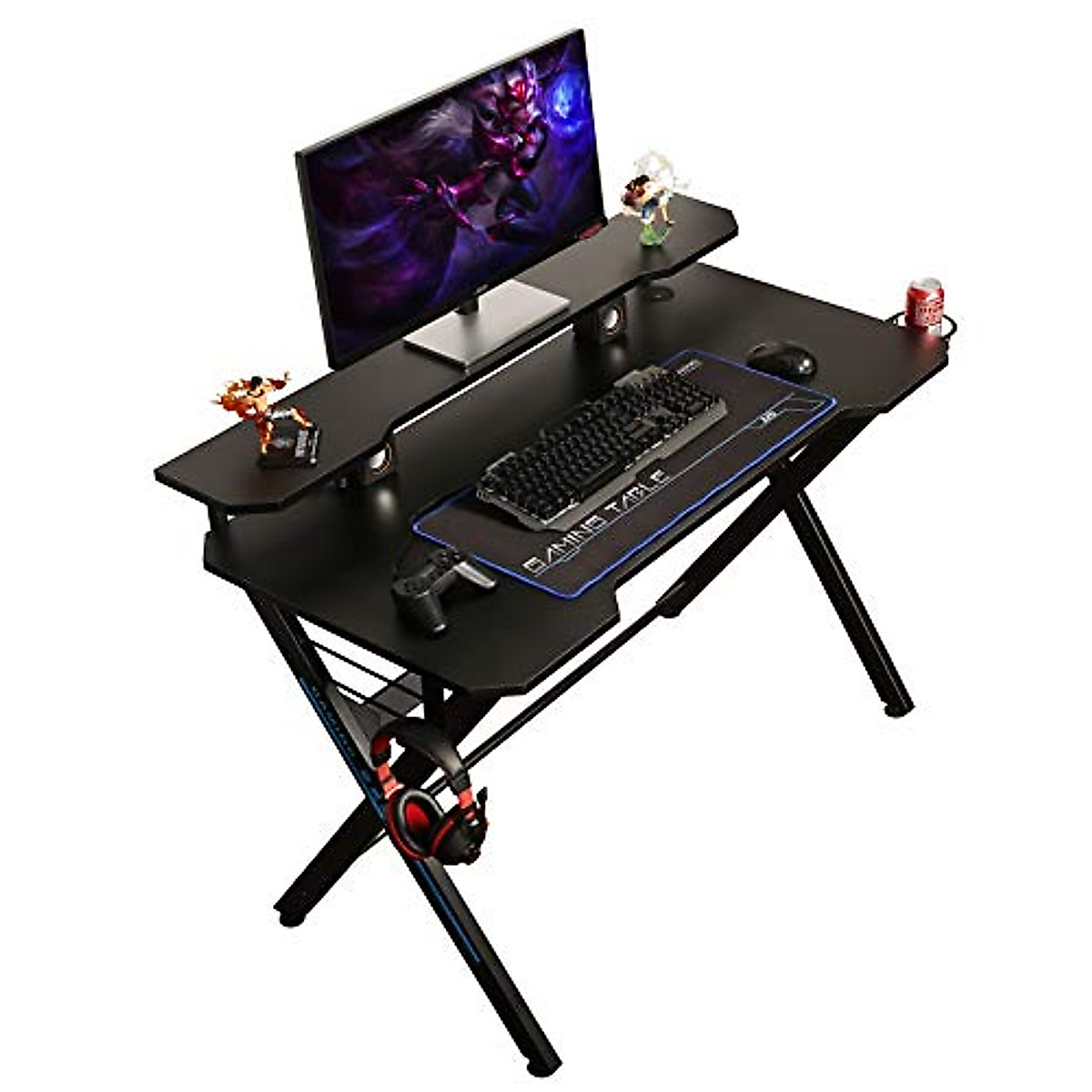 JJS 48" Home Office Gaming Computer Desk with Removable Monitor Stand, X Shaped Large Gamer Workstation PC Table with Cup Holder Headphone Hook Speaker Storage Free Mouse pad, Black