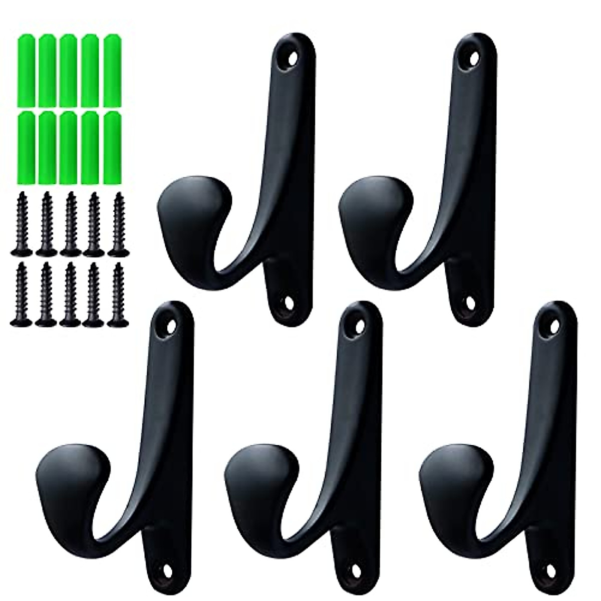 KERYUM(5-Pack) Heavy Mounted Single Wall Hooks, Backpack Hooks, Entryway Hooks,Towels Hooks, Patios Hooks,Coat Hooks (Matching Screws & Plastic Anchors Included) (Flat Black)