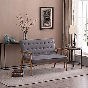 Bonnlo Mid-Century Sofa Couch for 2,Wooden Loveseat Sofa Modern Upholstered Loveseat Sofa Living Room 2-Seater Lounge Accent Chair, Fabric Grey
