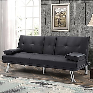 PAPAHUG Convertible Versatile Sleeper Folding Futon Bed,Adjustable Faux Leather Sofa Couch for Living Room,Metal Legs, 2 Cup Holders