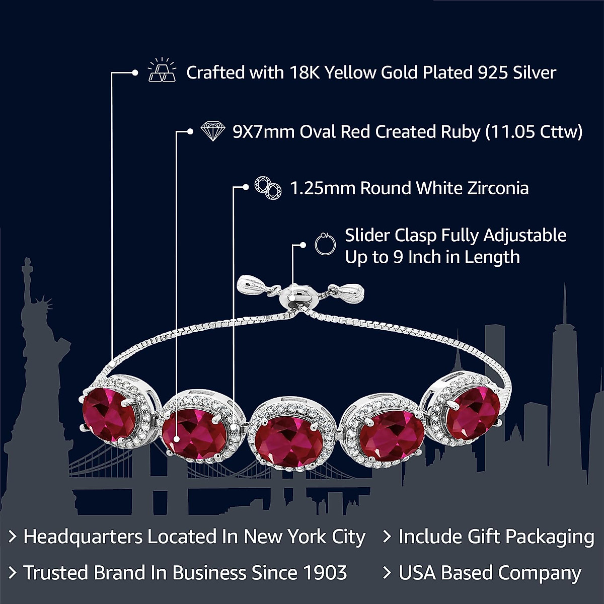 Gem Stone King 925 Sterling Silver 9X7MM Oval Gemstone Birthstone 5-Stone Tennis Bracelet For Women | Fully Adjustable Up to 9 Inch