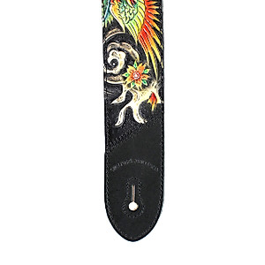 Walker And Williams KB-31 Skinny Series 2" Wide Flat Black Premium Grain Leather Padded Guitar Strap With Hand Tooled Red And Gold Phoenix Design