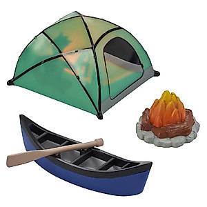 Decopac Fireside Camp DecoSet Cake Decoration Multi, Tent: 3"L x 2.6"W x 1.9"H; Canoe with Oar: 3.5"L x 1.65"W x 1.2"H; Campfire: 1.4"D x 1.2"H