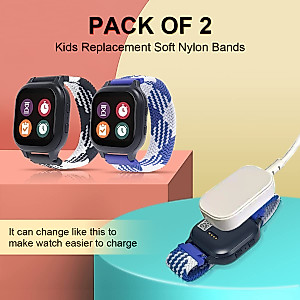 2 Packs Nylon Braided Band Replacement for Gizmo Watch 3/2/1 SyncUP Watch, 20mm Kids Solo Loop Stretchy Strap for Boys and Girls, Elastic Sport Wirstband, Breathable & Washable (Colorful Blue & Colorful Black)