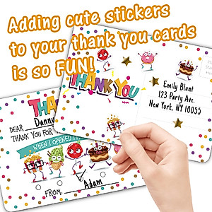 Gooji Kid’s Thank You Cards, 25 Pc. Postcards Set, Double-Sided Custom Cardstock with Fill in the Blank Messages for Birthday Party, Event, or Holiday Use, Stickers Included (Party Treats)