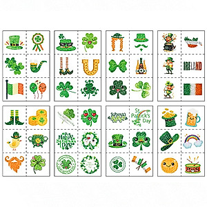 48pcs St Patricks Day Glitter Styles Temporary Tattoos,Clover Gold Coin Luck Hat Expression Tattoos Sticker St Patrick's Day Kiss Me I'm Irish Party | Holiday Party Accessories Arts and Crafts,8 sheet