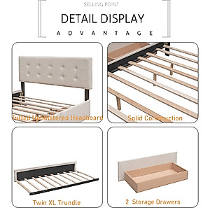 Harper & Bright Designs Upholstered Queen Size Platform Bed with 2 Storage Drawers and 1 Twin XL Trundle, Wood Queen Storage Bed with Linen Fabric for Bedroom Guestroom (Queen, Beige)