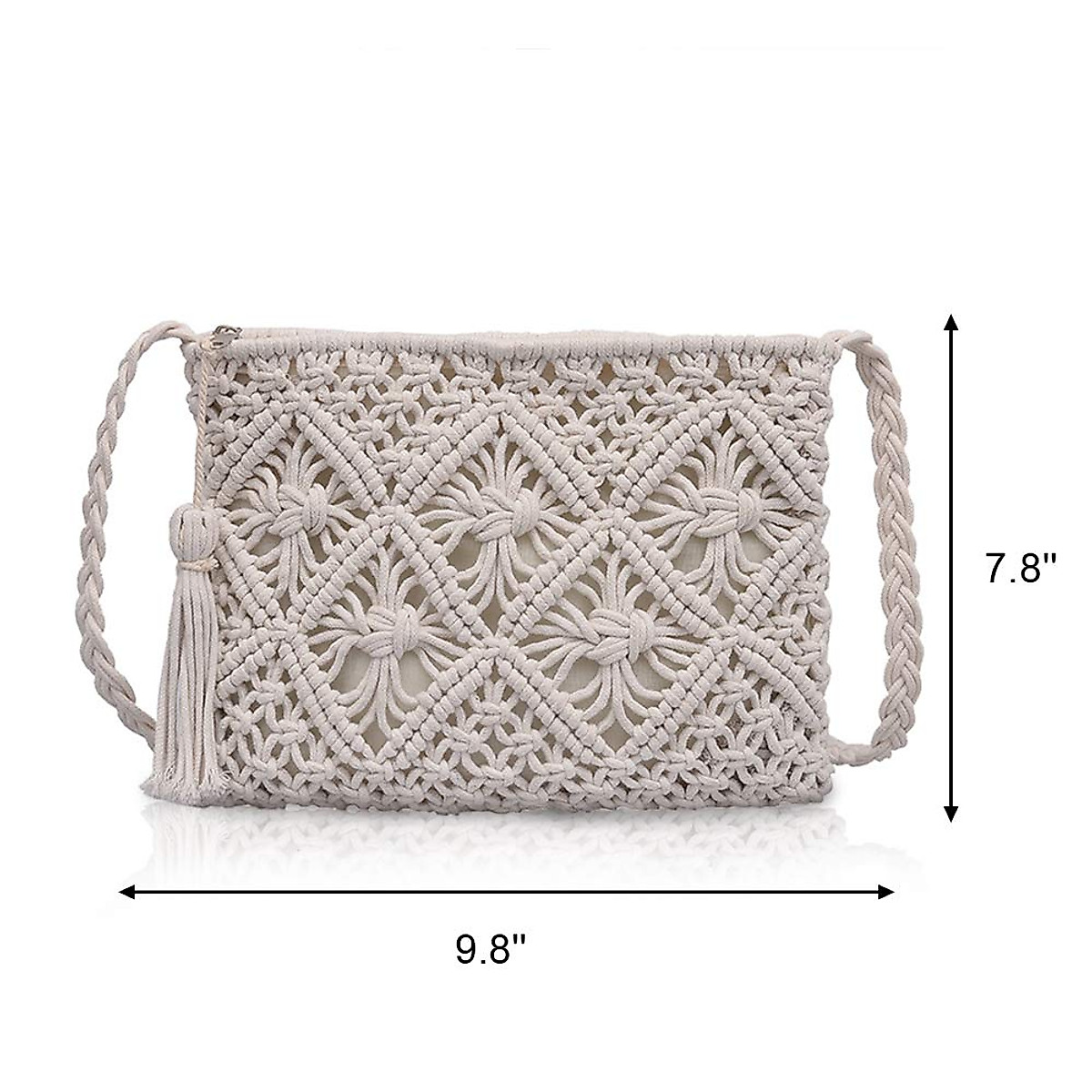 QTKJ Women's Summer Beach Straw Crochet Clutch Bag Shoulder Bag Crossbody Bag Woven Envelope Tassel Bag with Zipper (White)