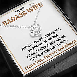 Wife Necklace Gift From Husband To My Badass Wife Crown Love Knot Pendant Valentines Day Anniversary Jewelry With Message Card and Gift Box (Standard Box, White Badass Wife)