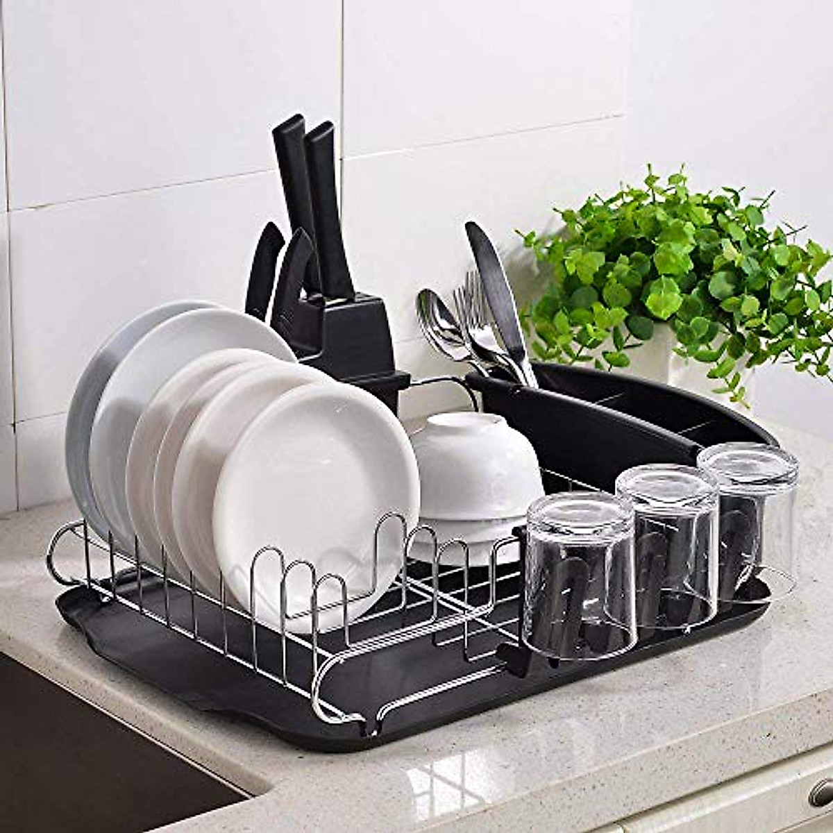 LOCLGPM Rust Proof Small Space Dish Drying Rack, Modern 1 Tier Dish Drainer with Black Removable Drainboard, Utensil Holder and Cup Holder for Organizer Storage Counter Kitchen Over The Sink