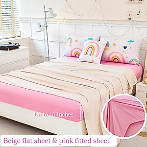 ANGIYUIN 6 Pieces Multi-Color Rainbow Queen Bedding Comforter Set for Girls Kids Cute Cloud and Love Hearts Girls Bedding Set Soft Microfiber Kid Bed in a Bag with Comforter, Sheets, Pillowcases