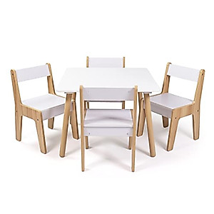Humble Crew, White/Natural Modern Wood Kids Table and 4 Chairs Set
