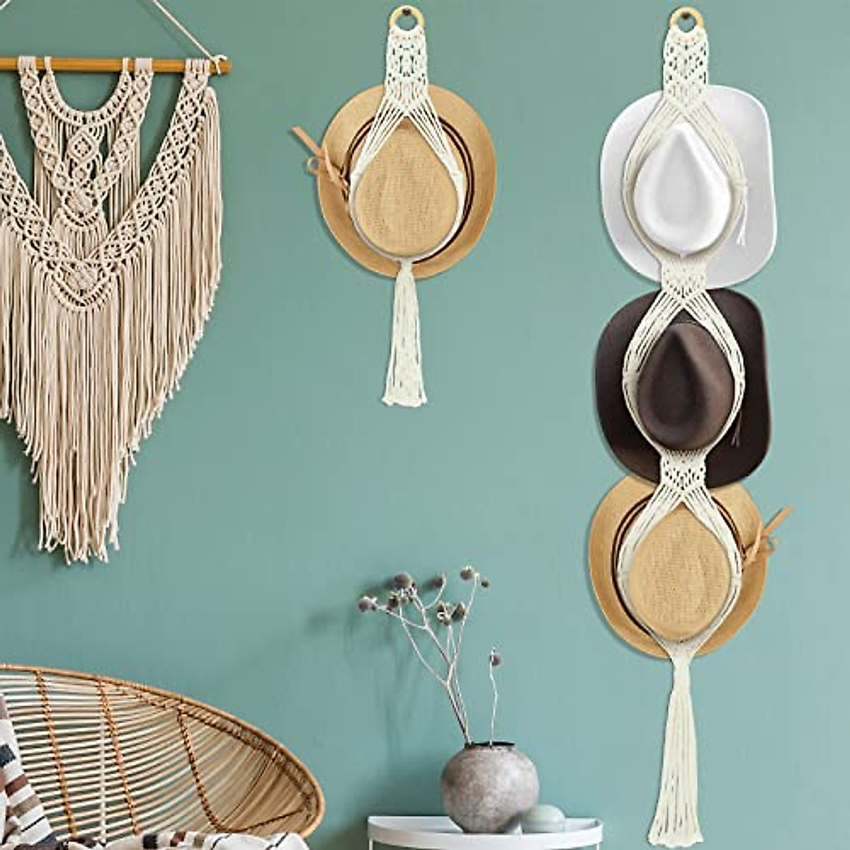 Tondiamo 3 Pieces Boho Hat Hangers Macrame Hat Organizer Wall Hanging Cowboy Hat Rack Decorative Hand Weaving Hat Holder Organizer for Wide Brim and Fedoras Sun Hat Baseball Caps Display, 3 Styles