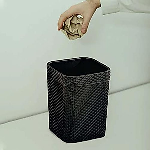 Trash Basket Narrow Rattan Woven Plastic Square Waste Can Wastebasket Dustbin for Bedroom Office Home Toilet Outdoor Indoor, Black