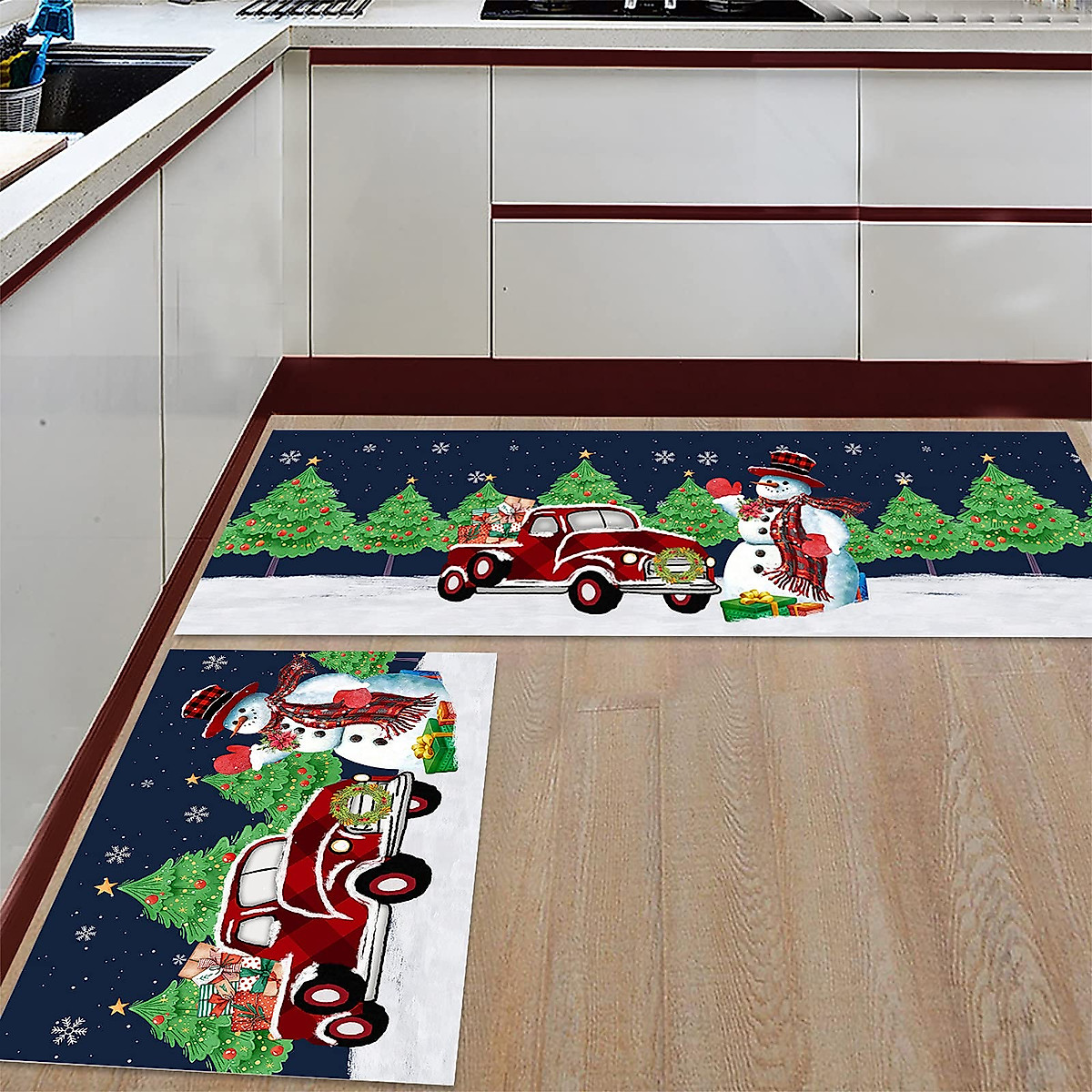 2 Piece Red Truck Kitchen Rug Set Merry Christmas Snowman Indoor Floor Mats for Winter, Xmas Door Mat Runner Rug Carpet Mat for Kitchen Home Decor (15.7" x 23.6"+15.7" x 47.2")- Snowman Snowflake Tree