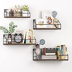 YGEOMER 4 Set Floating Shelves, Wall Hanging Shelves with Wire Baskets for Bathroom, Kitchen, Living Room, Bedroom (Carbon Black)