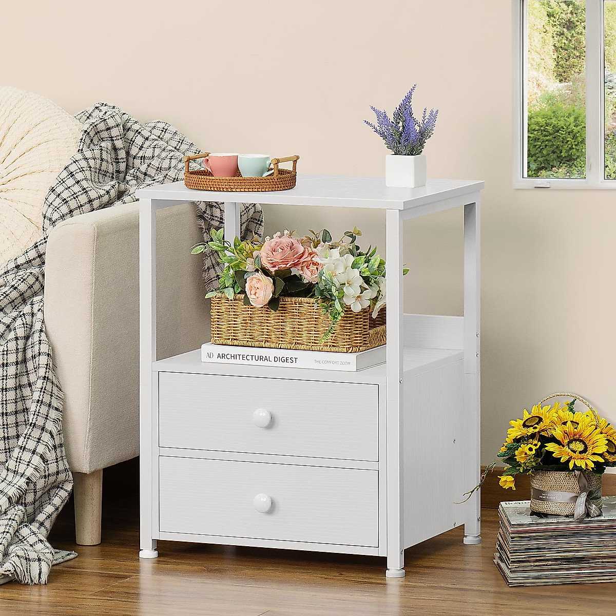 Lerliuo Nightstand, Industrial Bed Side Table with 2 Drawers Storage Open Shelf, Sturdy End Table with Steel Frame, Night Stand for Bedroom, Living Room, Elegant White