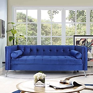 wirrytor Mid-Century Velvet Chesterfield Sofa Couch, Modern LoveSeats Sofa Furniture, Upholstered Button Tufted Couch with 2 Bolster Pillows for Living Room Apartment (Blue)