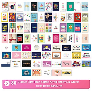 80 Unique Birthday Cards- Happy Birthday Cards Bulk With Greetings Inside – Assorted Birthday Cards With Envelopes and Stickers -Large Birthday Cards 5 x 7 inches- Birthday Cards Greeting Cards Bulk Box Set