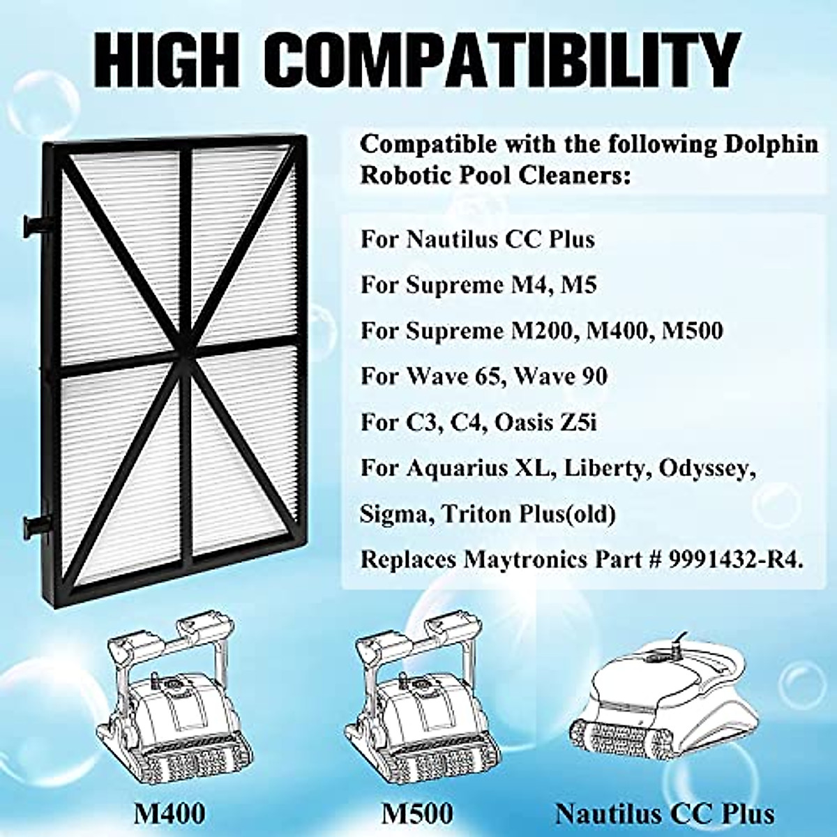PHGH 9991432R4 Pool Cleaner Filter Compatible with Dolphin m400, m500, Nautilus CC Plus, 4Pack UltraFine Filter Replacement Robotic 9991432R4