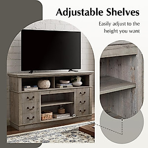 LETESA Traditional Classic Media TV Stand for TV up to 65”, Retro Wooden TV Console with Open and Closed Storage Cabinets for Bedroom, Living Room, Corridor (Light Gray)